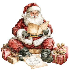 9 Christmas Santa Reading Letter Clipart, Printable Watercolor Clipart ...