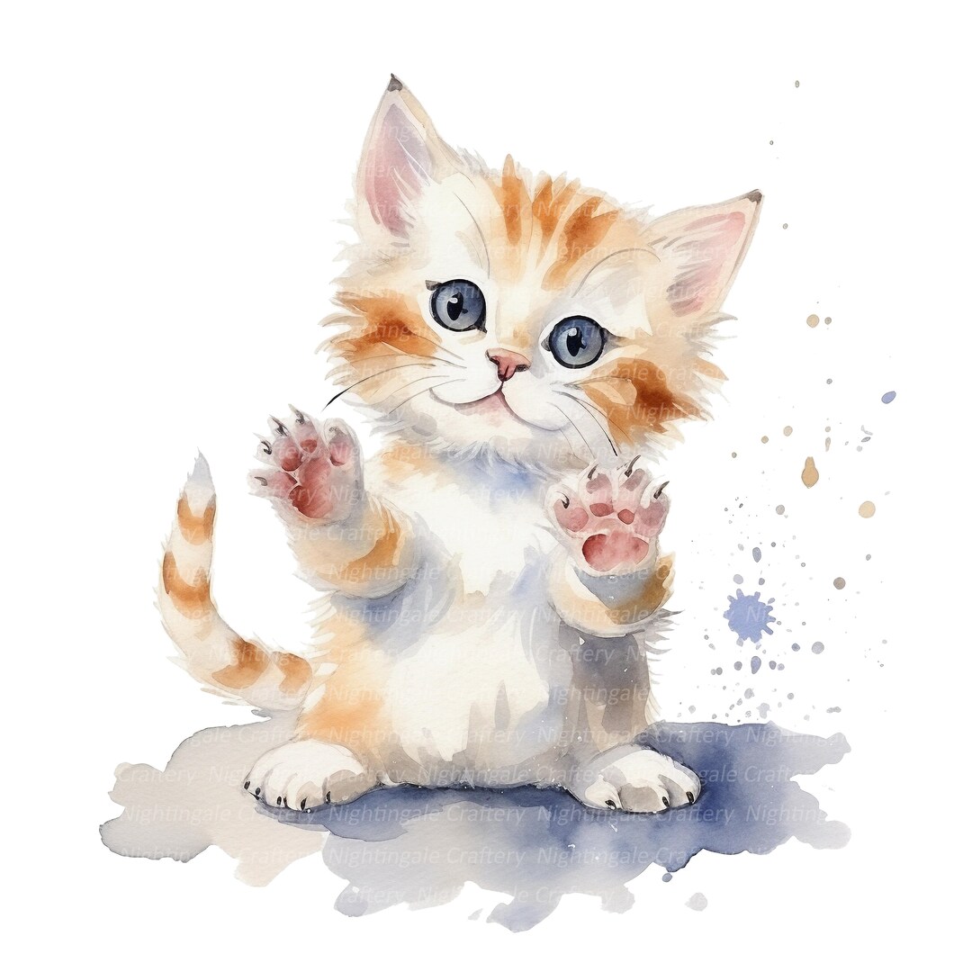 10 Kitten Playing Clipart, Watercolor Drawing, Printable Watercolor ...