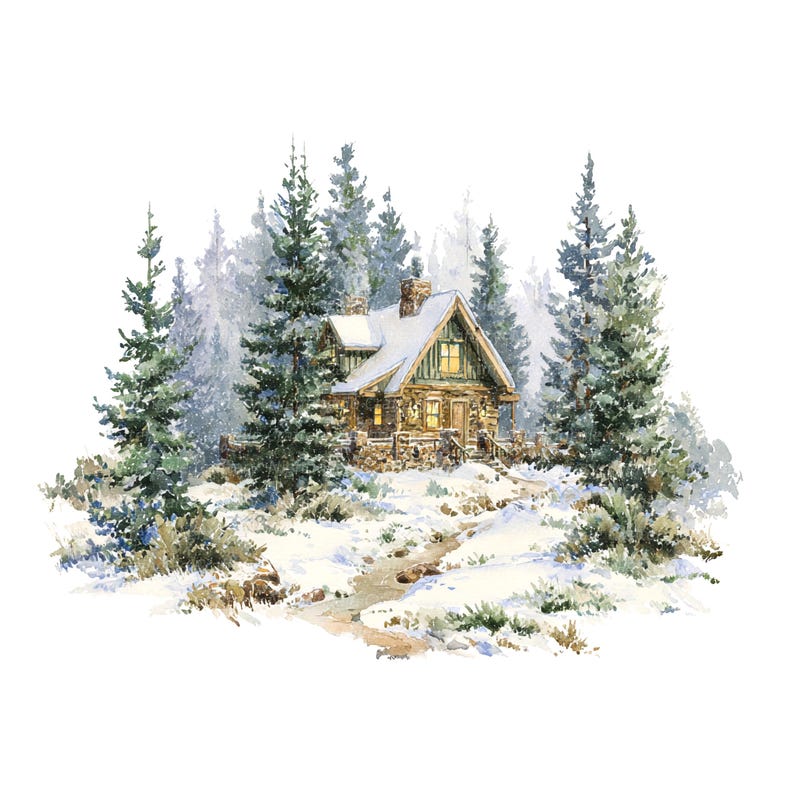 9 Cozy Cabin in Winter Clipart, Snowy Cabin, Printable Watercolor ...