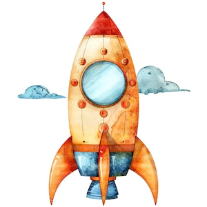 8 Cartoon Rocket Clipart, Space Rocket Clipart, Printable Watercolor ...