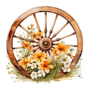 10 Floral Wheel Clipart, Wooden Wheel, Printable Watercolor Clipart ...