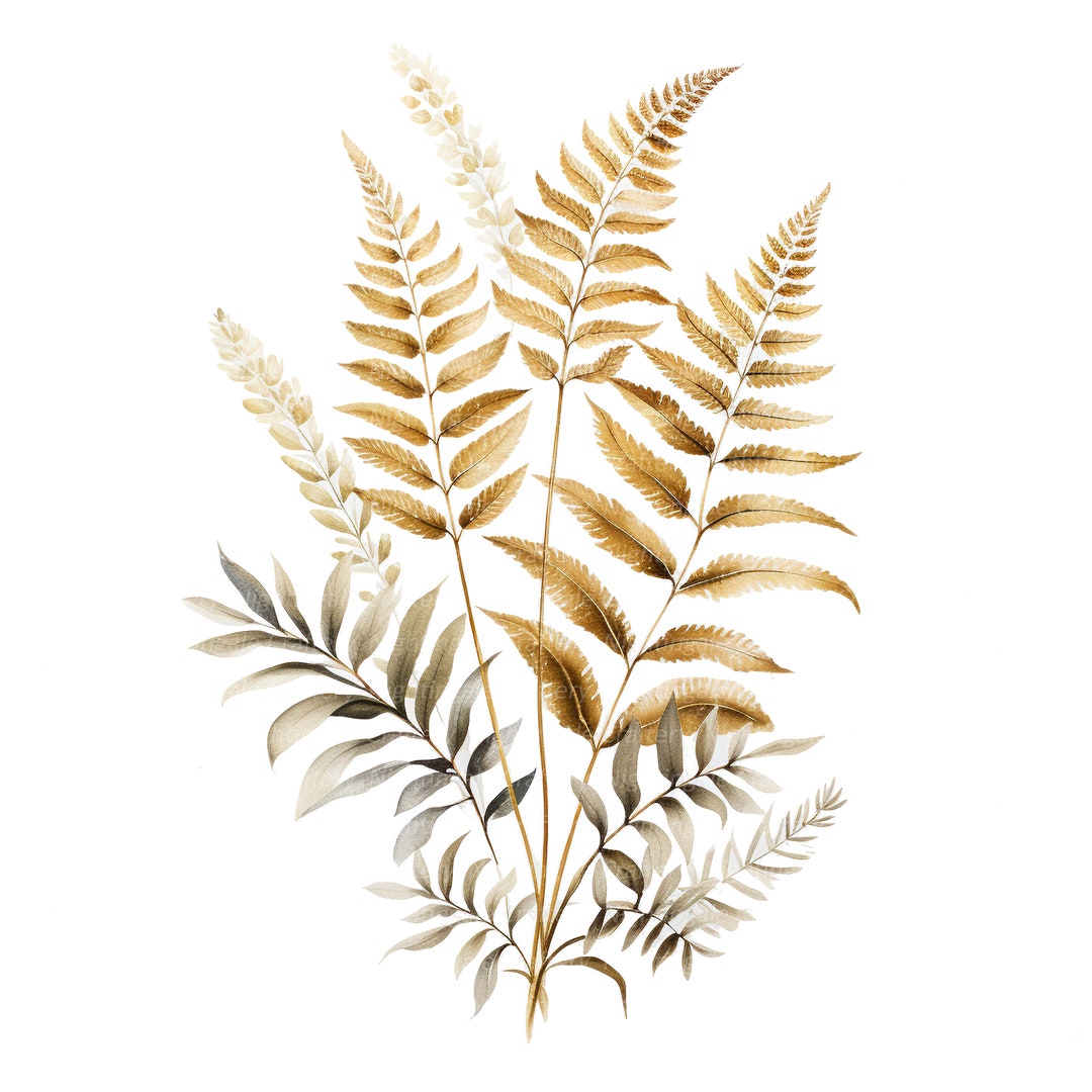 10 Golden Fern Leaves Clipart, Fern Clipart, Printable Watercolor ...