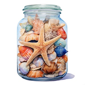 9 Seashells in Jar Clipart, Sea Shells Clipart, Printable Watercolor ...