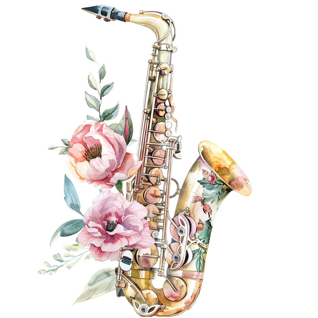 16 Vintage Floral Saxophone Clipart, Printable Watercolor Clipart, High ...