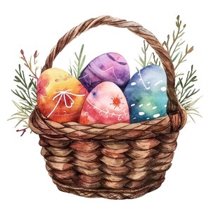 14 Easter Eggs Basket Clipart, Easter Basket, Printable Watercolor ...