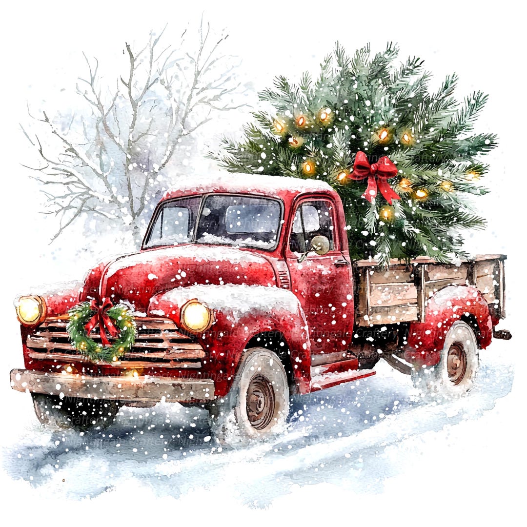 11 Pickup Truck Carrying Christmas Tree Clipart, Printable Watercolor ...