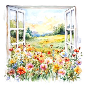 14 Window Meadow View Clipart, Window With Flower Landscape, Printable ...