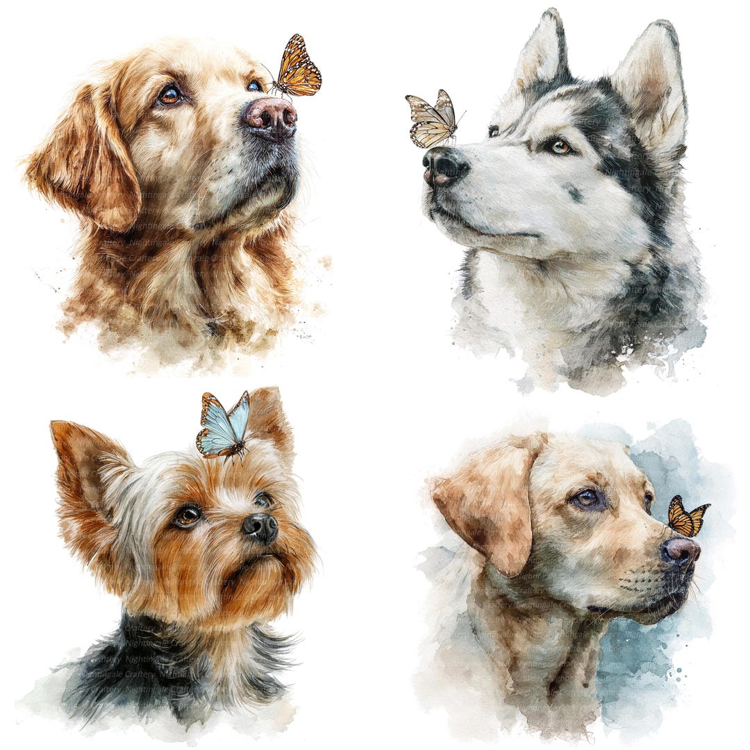 22 Dog and Butterfly Clipart, Various Dogs, Printable Watercolor ...