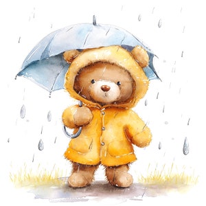 10 Teddy Bear Rainy Clipart, Teddy Bear in Rain, Printable Watercolor ...