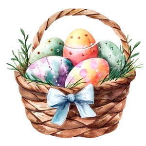14 Easter Eggs Basket Clipart, Easter Basket, Printable Watercolor ...