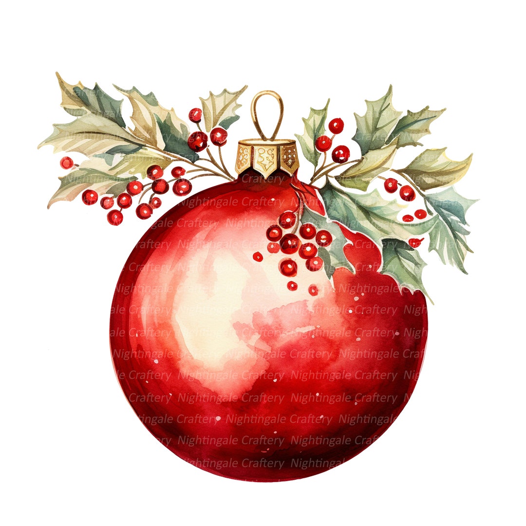 12 Red Bauble Clipart, Christmas Bauble Clipart, Printable Watercolor ...