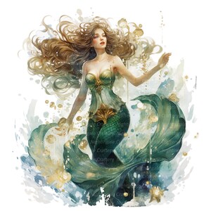9 Mermaid Clipart, Golden Emerald Mermaid, Printable Watercolor Clipart ...