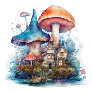12 Magic Toadstool Fairy House Clipart, Printable Watercolor Clipart ...