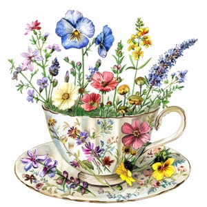 10 Wildflowers in Tea Cup Clipart, Floral Tea Cup, Printable Watercolor ...