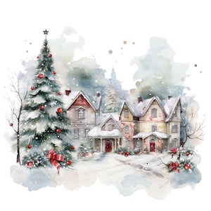 12 Christmas House Clipart, Christmas Card Art, Printable Watercolor ...