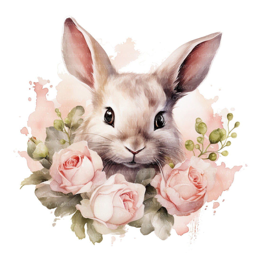 12 Fluffy Bunny in Roses Clipart, Floral Bunny, Printable Watercolor ...