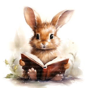 12 Bunny Reading Book Clipart, Bunny Clipart, Printable Watercolor ...