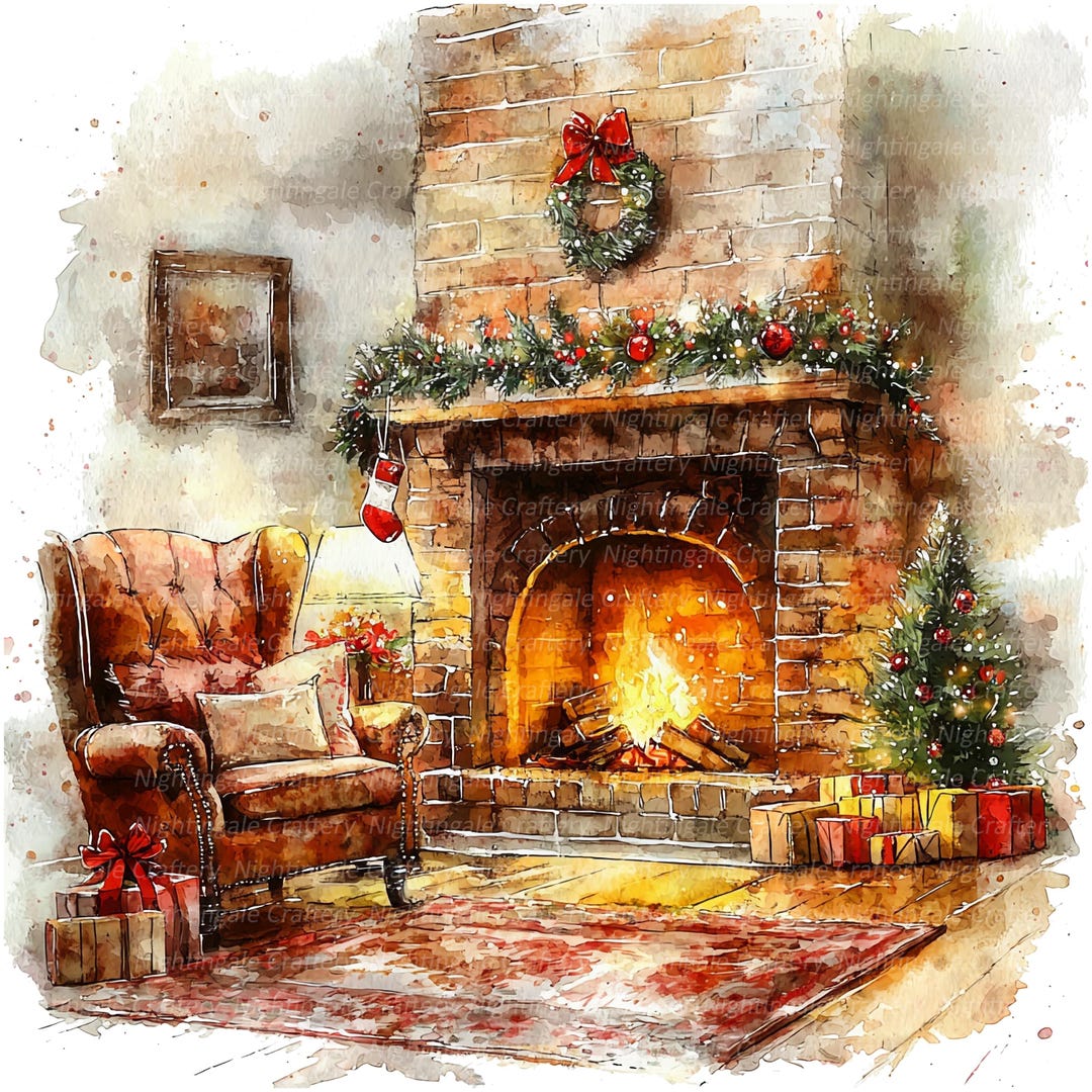 14 Cozy Christmas Room, Fireplace Clipart, Printable Watercolor Clipart ...