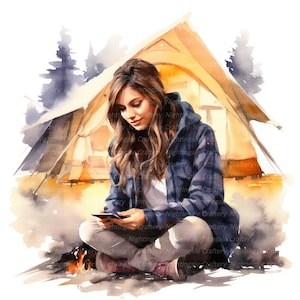 14 Woman Camping Clipart, Camping With Tents, Printable Watercolor ...