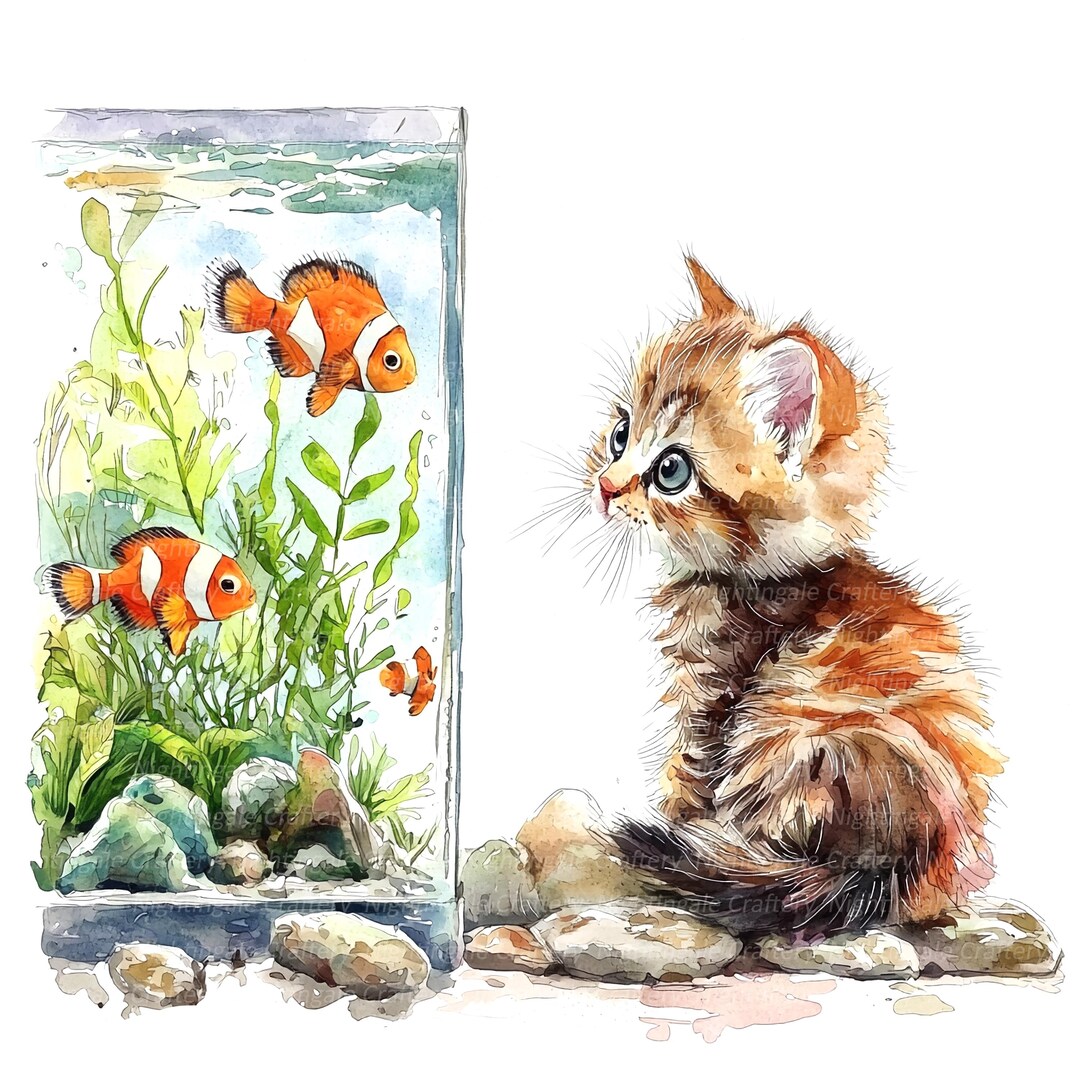 14 Kitten and Aquarium Clipart, Cat Clipart, Printable Watercolor ...