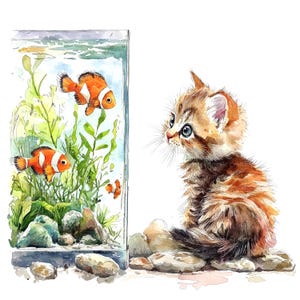 14 Kitten and Aquarium Clipart, Cat Clipart, Printable Watercolor ...