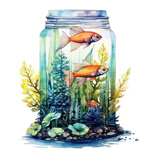 10 Aquarium in Jar Clipart, Tropical Fish, Printable Watercolor Clipart ...