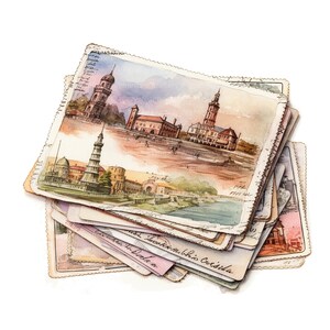 10 Stack of Postcards Clipart, Vintage Postcard, Printable Watercolor ...