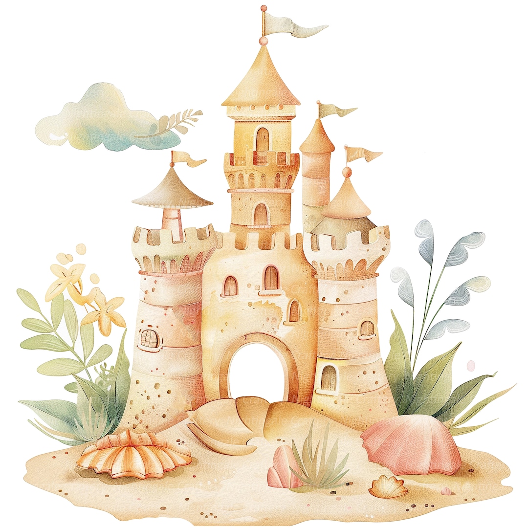 14 Beach Sandcastle Clipart, Cartoon Castle, Printable Watercolor ...