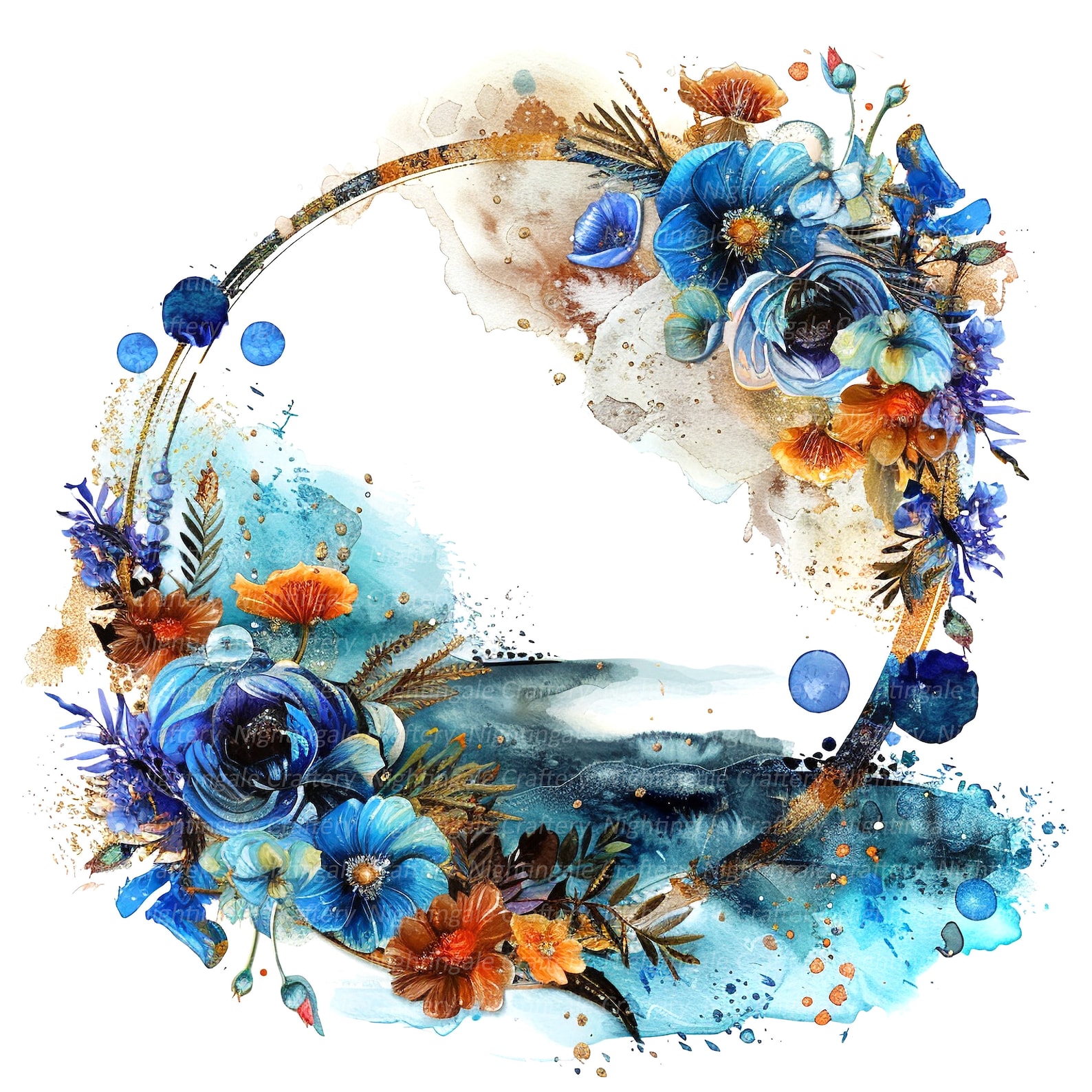 9 Floral Decor Circle, Florals, Digital Clipart, Watercolor Clipart ...