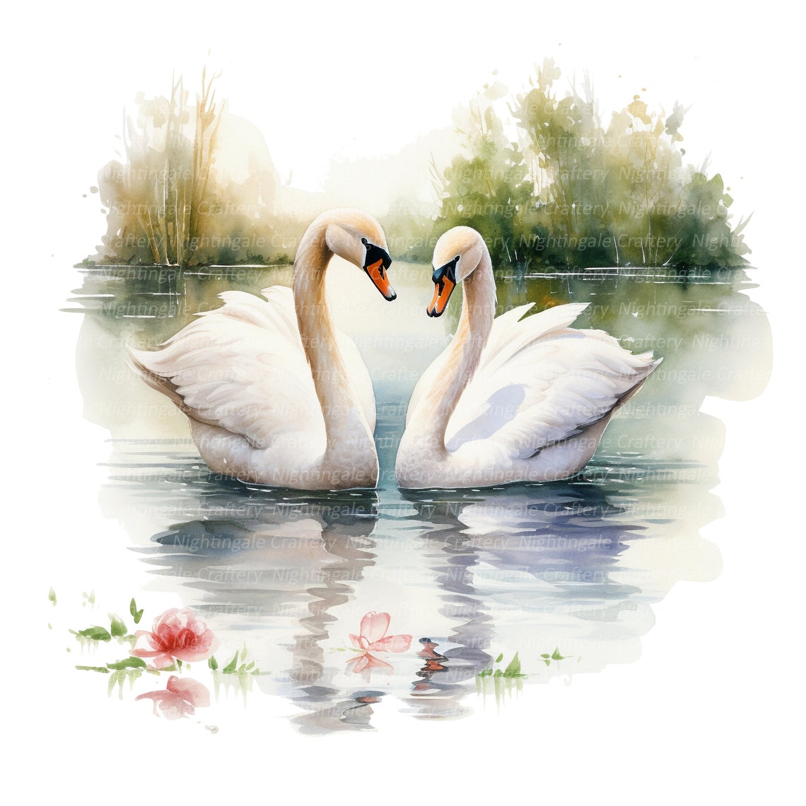 12 Swan Couple Clipart, Swans, Printable Watercolor Clipart, High ...