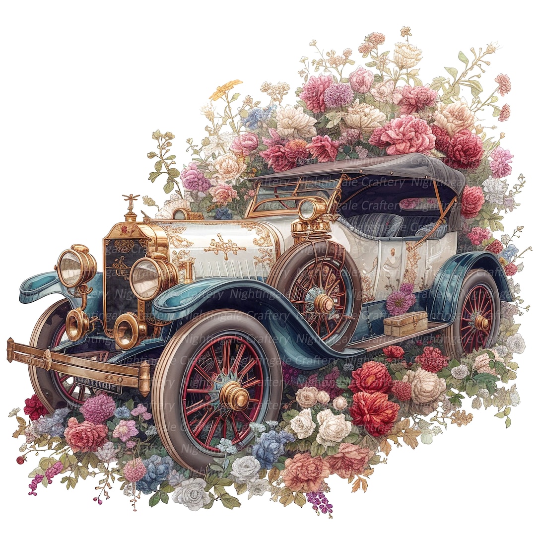 12 Victorian Car Clipart, Floral Car, Vintage, Printable Watercolor ...