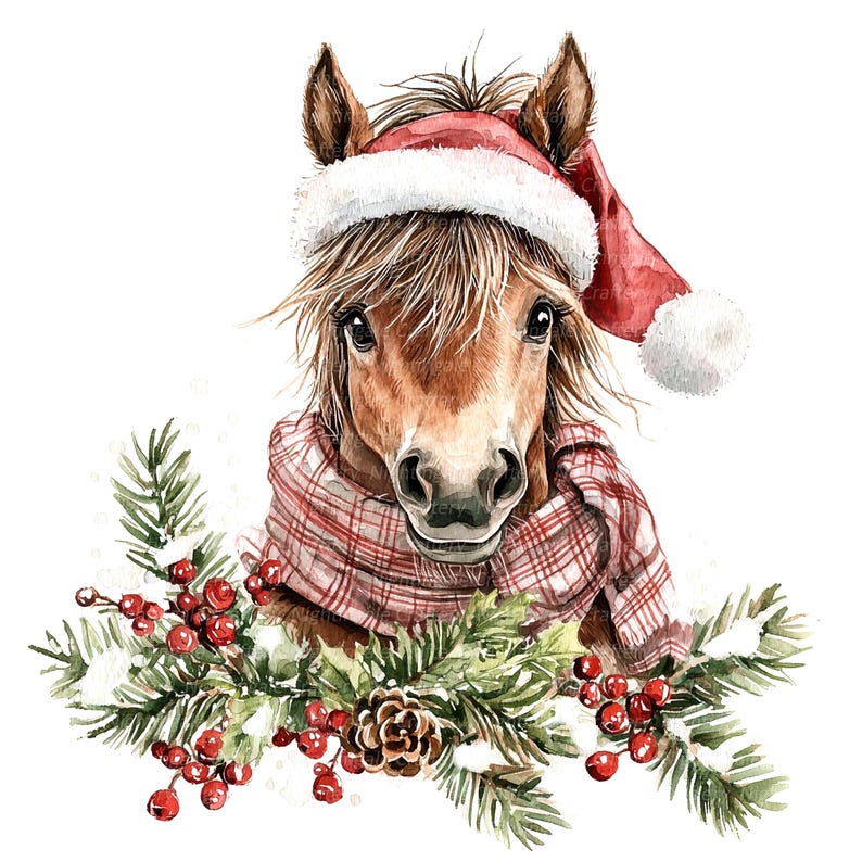 10 Christmas Pony Clipart, Christmas Card, Printable Watercolor Clipart ...