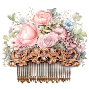 10 Floral Comb Clipart, Vintage Comb, Printable Watercolor Clipart ...