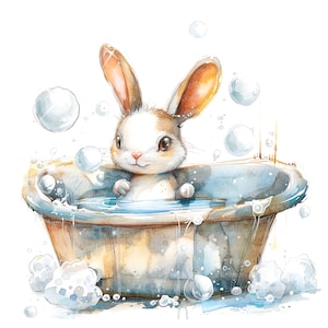 12 Bunny in Bathtub Clipart, Bunny Washing, Printable Watercolor ...