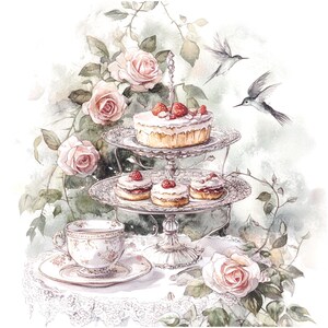 13 Rose Garden Tea Party, Tea Party Clipart, Printable Watercolor ...