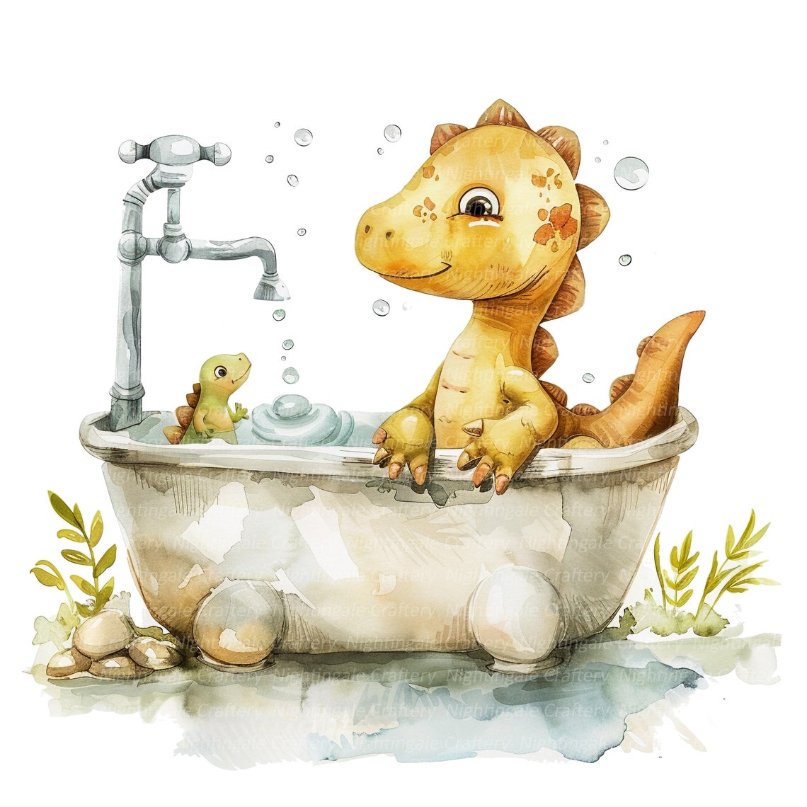 12 Cartoon Dinosaur Clipart, Dinosaur in Bath, Printable Watercolor ...