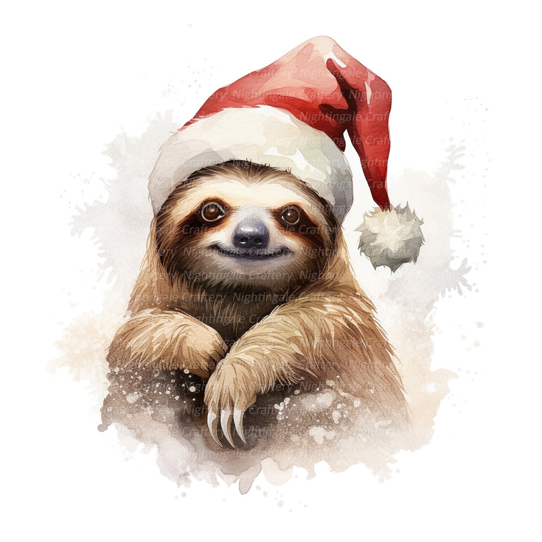 8 Sloth With Santa Hat Clipart, Cute Sloth, Printable Watercolor ...
