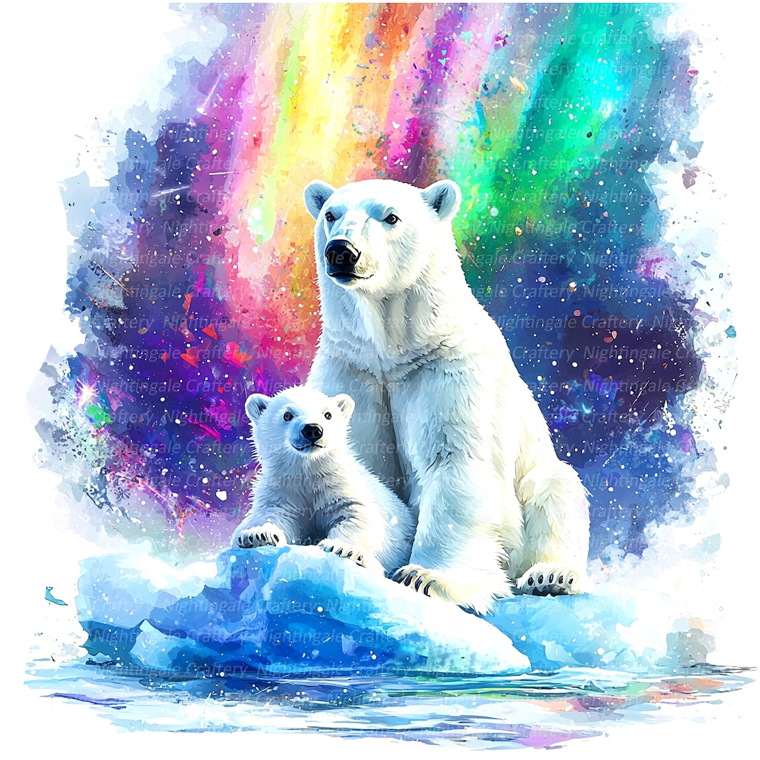 10 Polar Bear Clipart, Northern Lights Print, Printable Watercolor ...