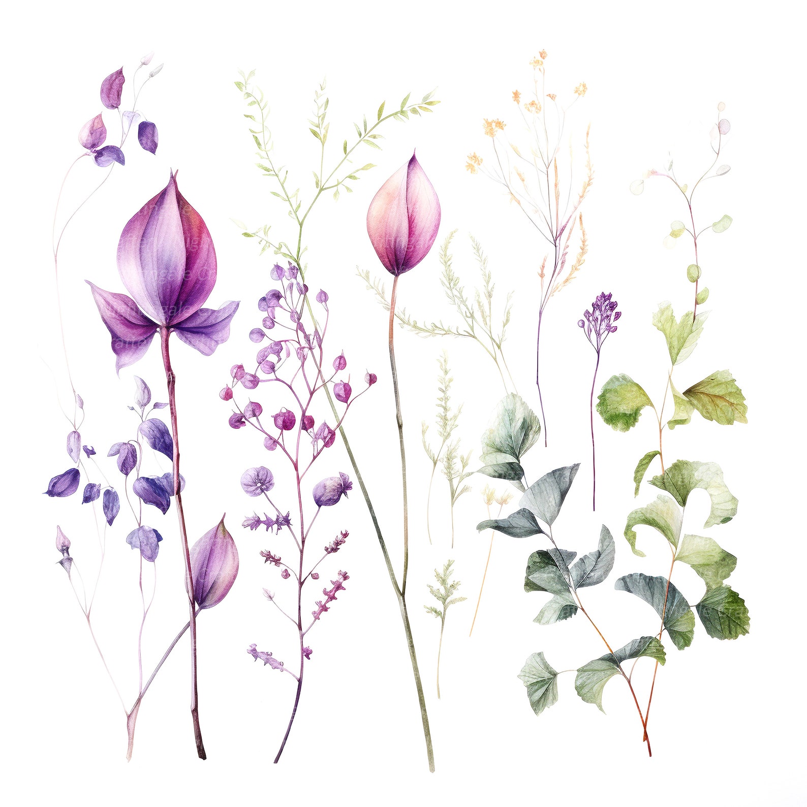 12 Botanical Plant Clipart, Wildflower Plants, Printable Watercolor ...