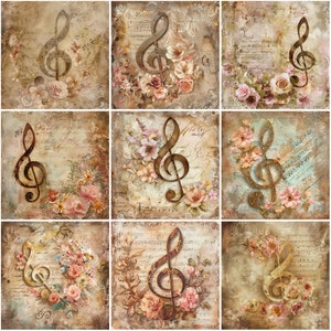 18 Floral Music Notes Background Papers, 12 X 12 Digital Paper Pack ...