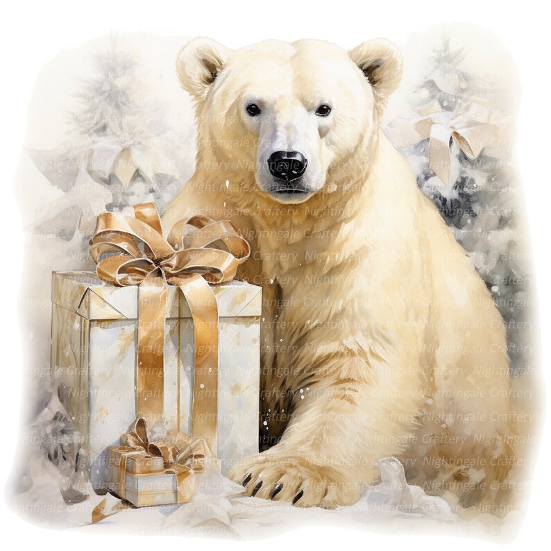 8 Christmas Polar Bear Clipart, Golden Theme, Printable Watercolor ...