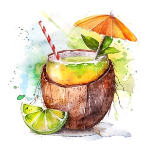 10 Beach Cocktails Clipart, Coconut Cocktails, Printable Watercolor ...