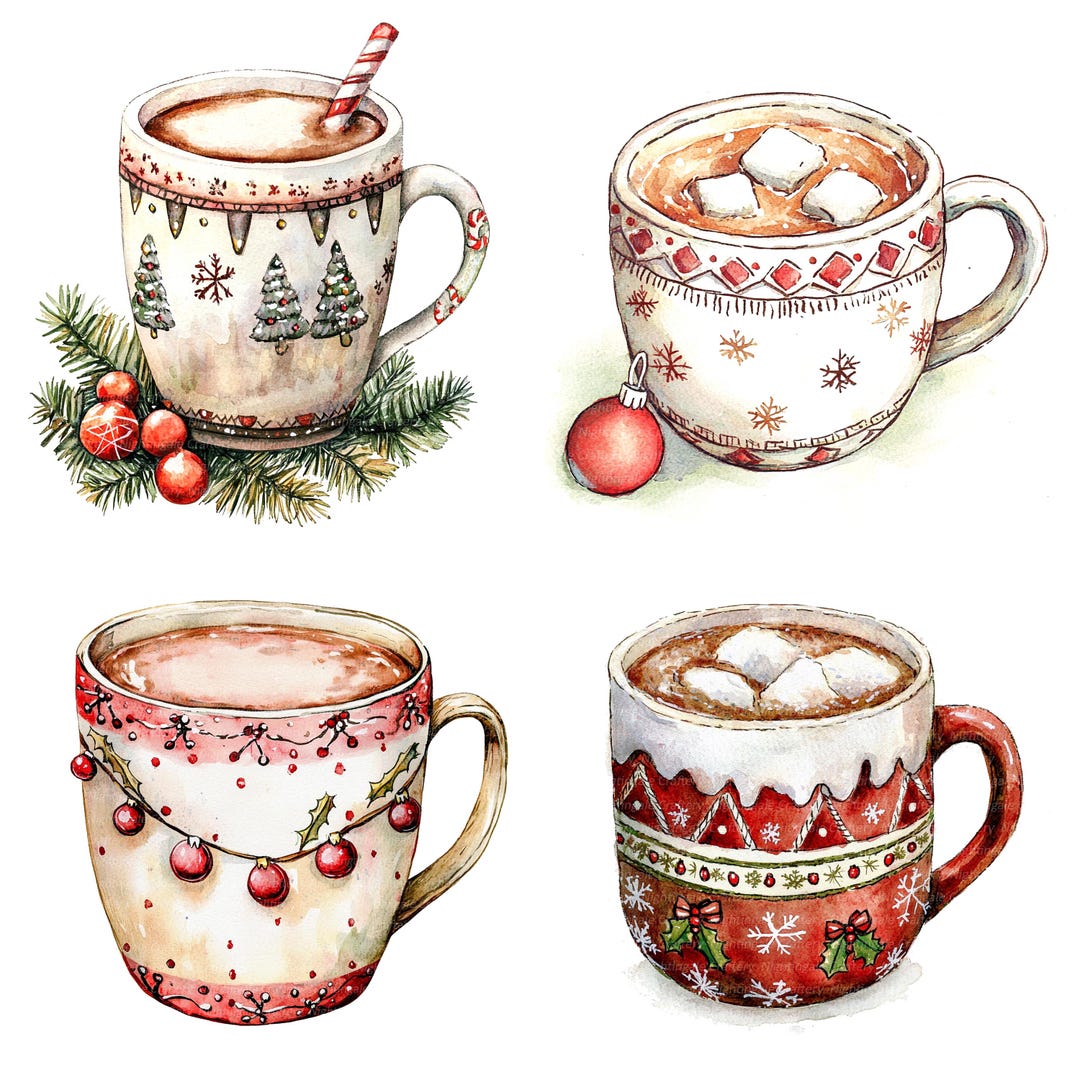 15 Christmas Mug Clipart, Christmas Card, Printable Watercolor Clipart ...