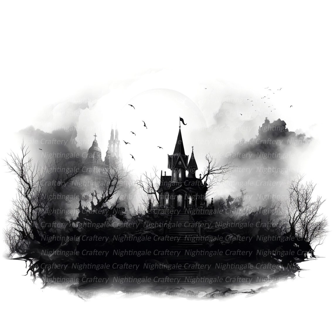14 Haunted House Ink Art Clipart, Printable Watercolor Clipart, High ...