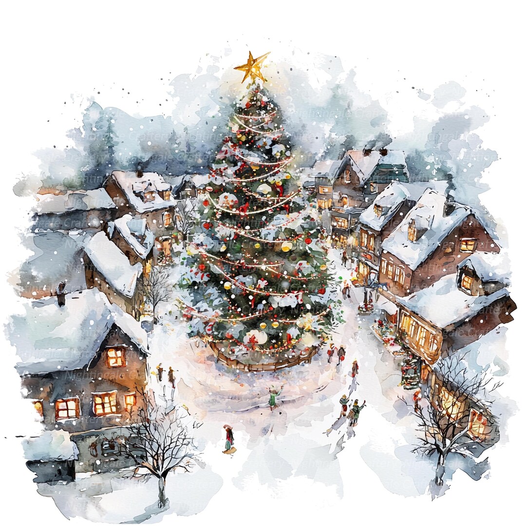 12 Christmas Card Clipart, Christmas Tree Town Card, Printable ...