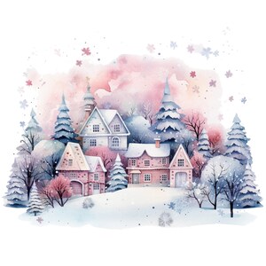 9 Christmas Card Clipart, Winter Houses Card, Printable Watercolor ...