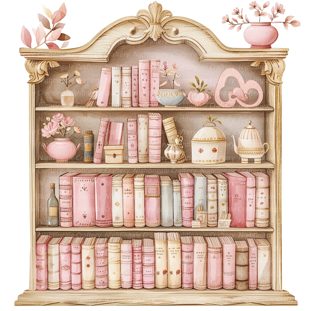9 Princess Bookshelf Clipart, Pink Bookshelf, Printable Watercolor ...