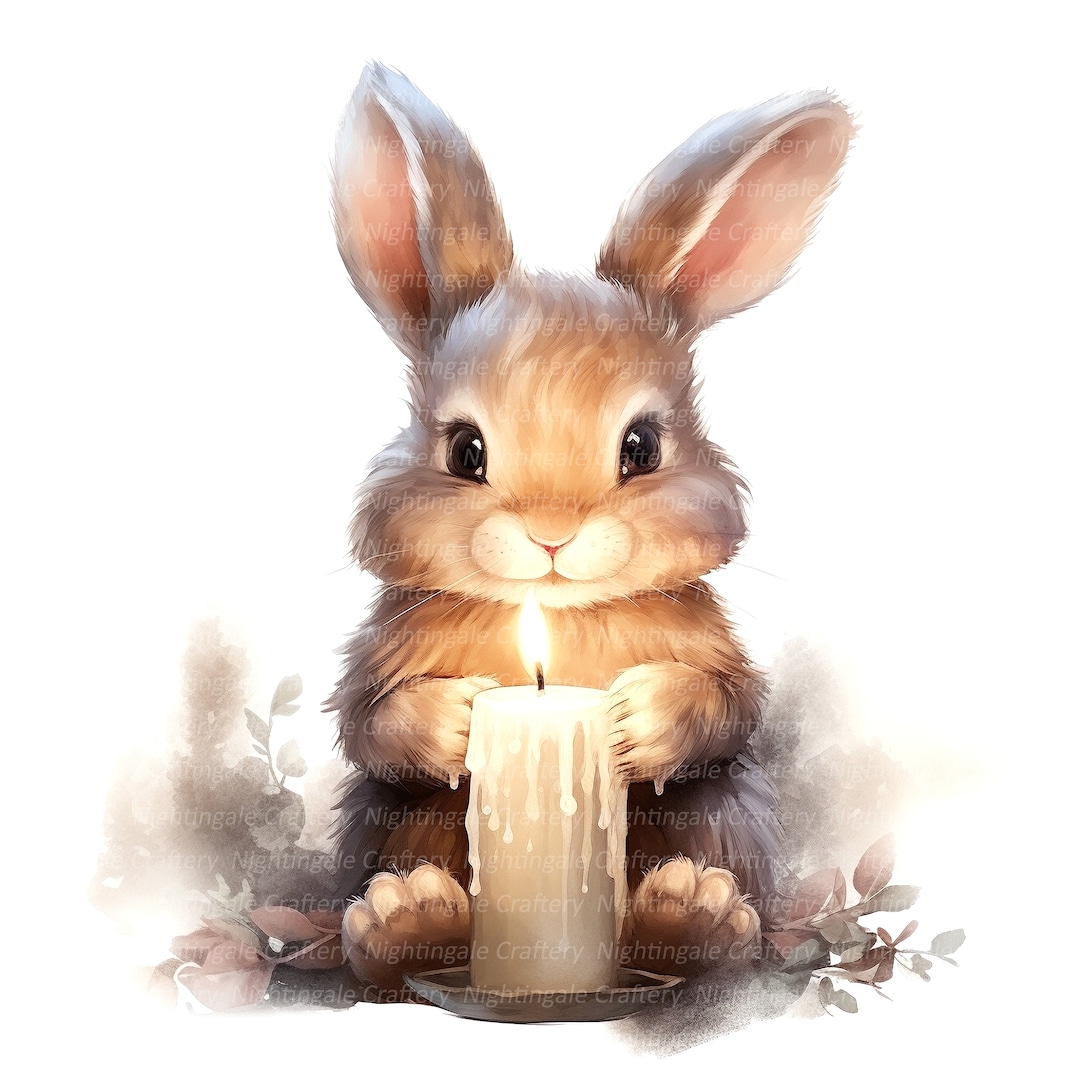 12 Christmas Bunny Clipart, Bunny With Candle, Printable Watercolor ...