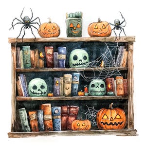 9 Halloween Clipart, Scary Bookshelf, Printable Watercolor Clipart ...