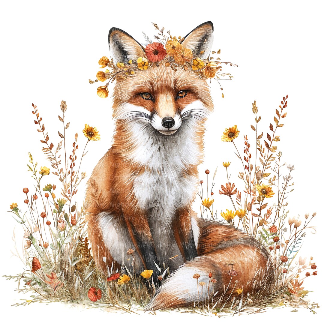 9 Fox With Floral Crown Clipart, Floral Fox, Printable Watercolor ...